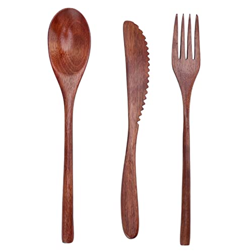 Wooden Cutlery Set of 3 Scratch Proof Portable Spoon Fork Cutter Tableware with Box Wooden Kitchen Dinnerware for Dessert Salads Noodles