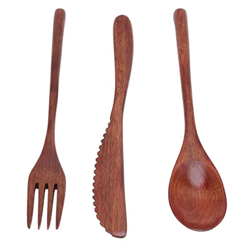 Wooden Cutlery Set of 3 Scratch Proof Portable Spoon Fork Cutter Tableware with Box Wooden Kitchen Dinnerware for Dessert Salads Noodles