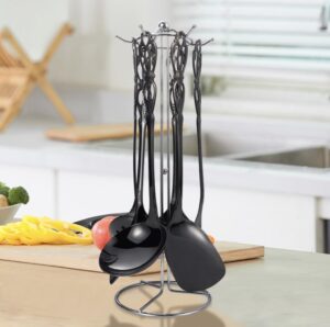 black stainless steel cooking utensils set heat resistant kitchen utensils set includes colander, bbq fork, pasta scoop, soup spoon, pointed spoon, spoon, metal kitchen tool