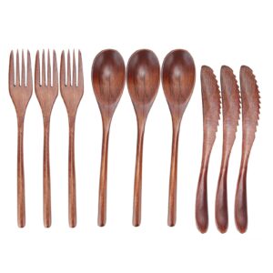 9pcs wooden knife fork spoon wooden dinner utensil set kitchen dinnerware portable utensils for parties weddings barbeques and other special occasions