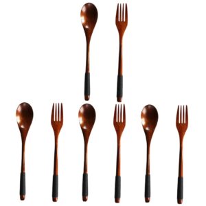 homsfou 4pcs japanese wooden handle fork and spoon wood soup wood cake forks stainless steel flatware wooden forks and antique flatware wooden tableware kits travel salad solid wood