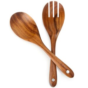 teak wooden salad fork and spoon, wooden salad spoons 10.2 inches, teak wood spoon fork, natural wooden spoon fork set with ergonomic handle, teak wood salad servers (1 spoon + 1 fork)