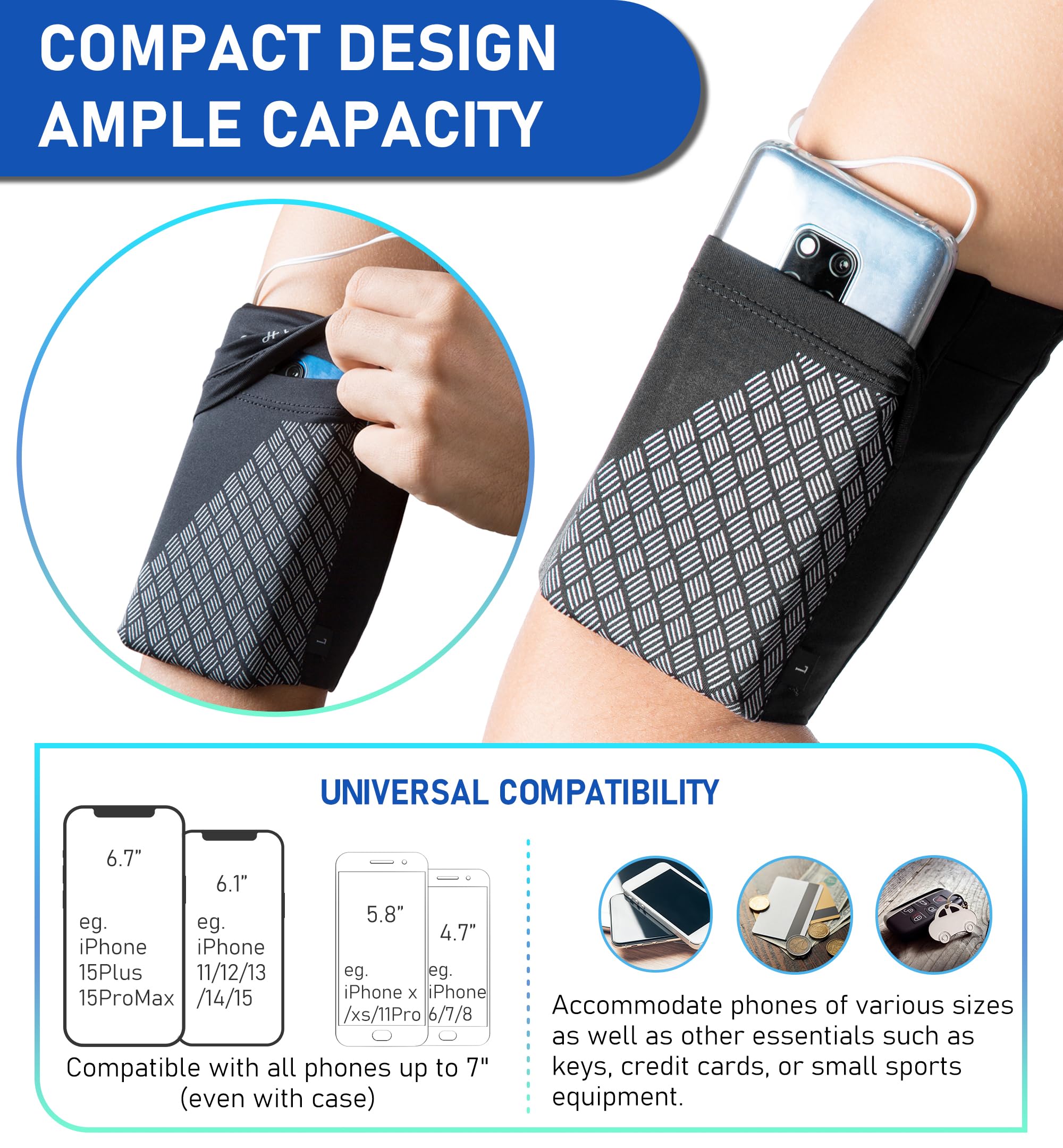 HiRui Universal Sports Armband Cell Phone Armband Sleeves Running Armband for Exercise Workout, Compatible with iPhone 15/15Plus/Pro iPhone 14/13/12 Samsung Galaxy All Phones (Medium, Black)