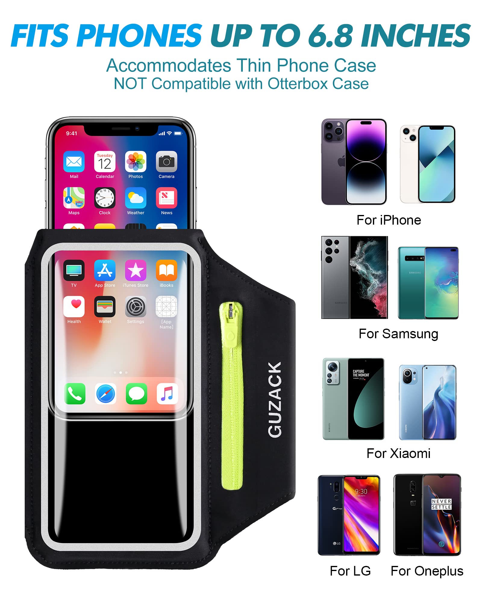 Cell Phone Armband with Zipper Pocket, Phone Holder for Running Armband for iPhone 15 14 13 12 11 Pro Max, Galaxy S23 S22 - [Fit Up to 6.8” All Phones] Sports Arm Holder with Key Pocket & Card Slot