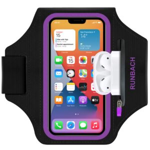 runbach armband for iphone 15/15 pro/14/14 pro/13/13 pro/13 mini/12/12 pro/12 mini/11/11 pro/xr/xs/x/se/8/7/6,water resistant sport armband with zipper slot for airpods and car key (purple)