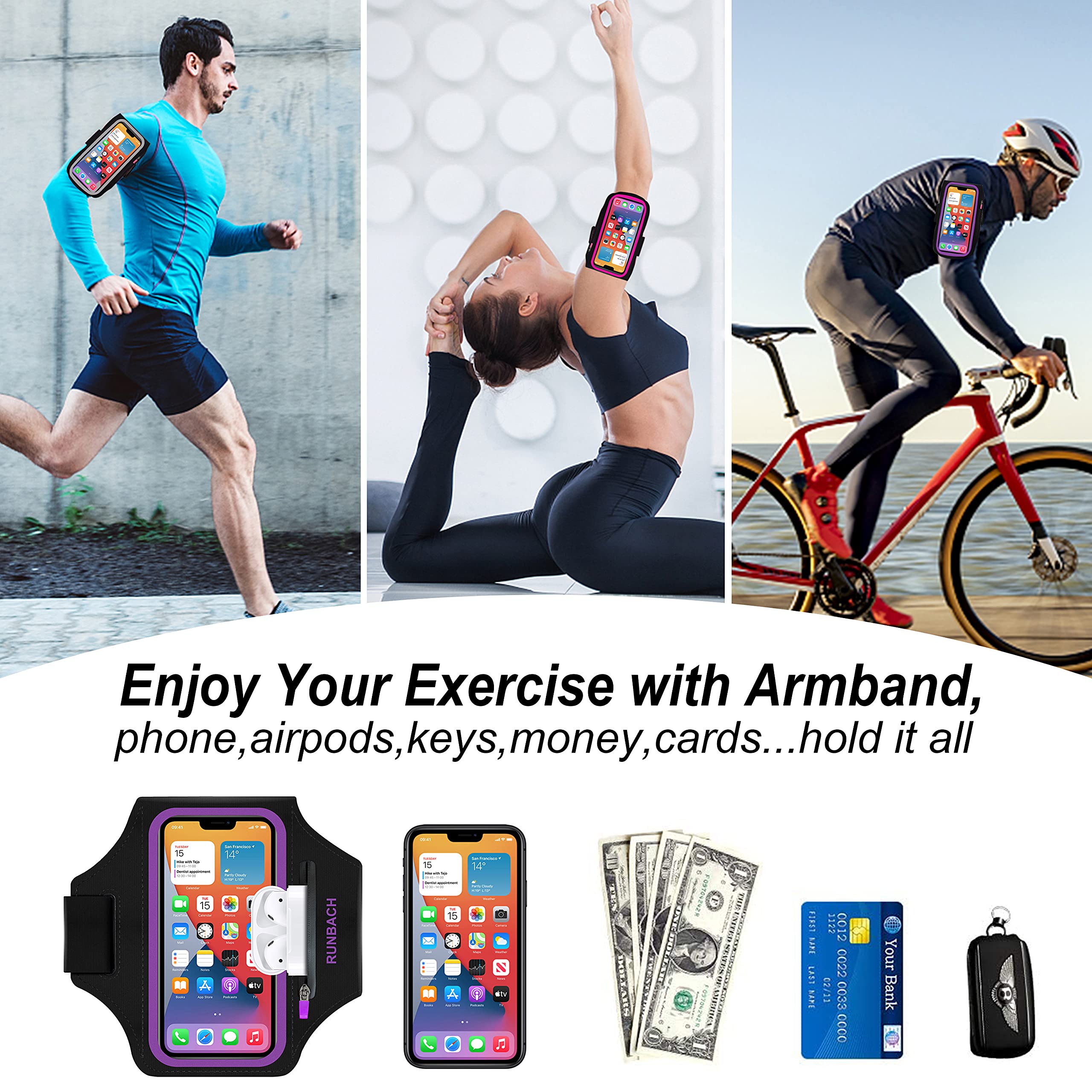 RUNBACH Armband for iPhone 15/15 Pro/14/14 Pro/13/13 Pro/13 Mini/12/12 Pro/12 Mini/11/11 Pro/XR/XS/X/SE/8/7/6,Water Resistant Sport Armband with Zipper Slot for Airpods and Car Key (Purple)