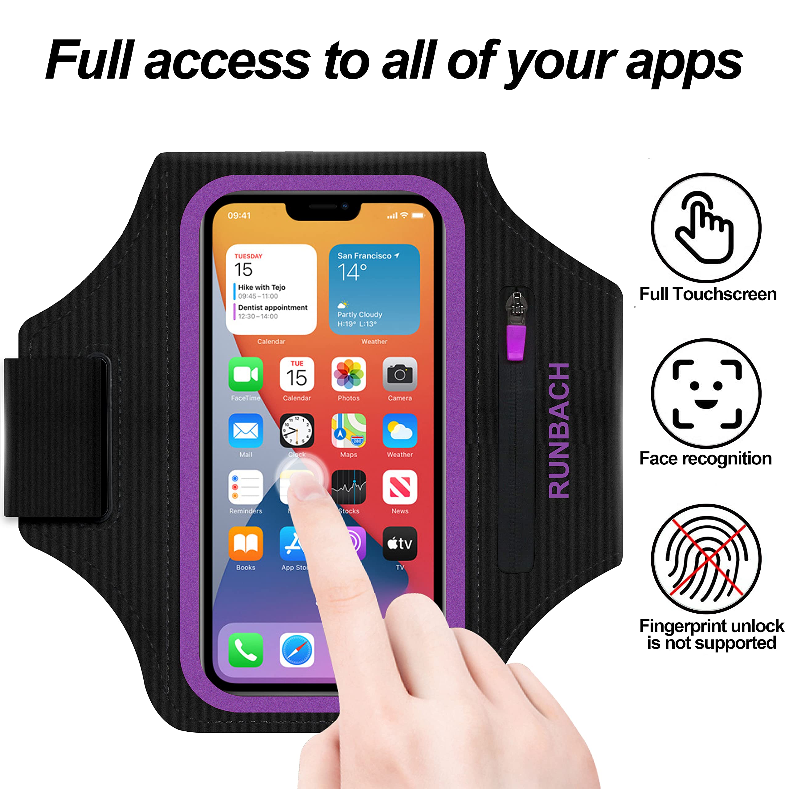 RUNBACH Armband for iPhone 15/15 Pro/14/14 Pro/13/13 Pro/13 Mini/12/12 Pro/12 Mini/11/11 Pro/XR/XS/X/SE/8/7/6,Water Resistant Sport Armband with Zipper Slot for Airpods and Car Key (Purple)