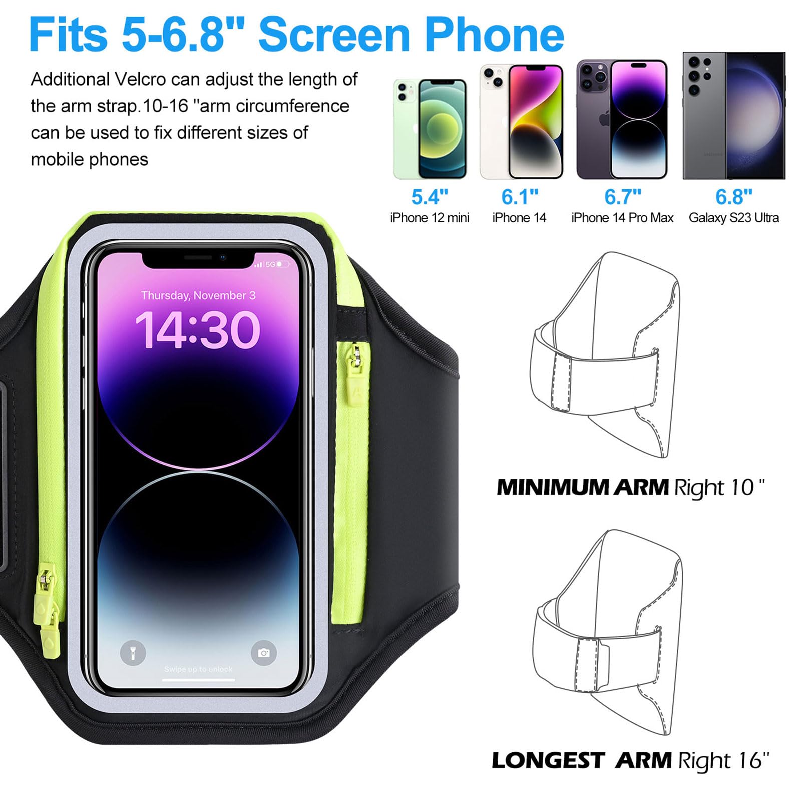 6.8'' Arm Band for Phone for Running, Running Gear Essentials for Thick Phone Case, Running Phone Holder Armband Bag for iPhone 15 14 13 12 11 Pro Max Galaxy with Car Home Key Zipper Earphone Pocket