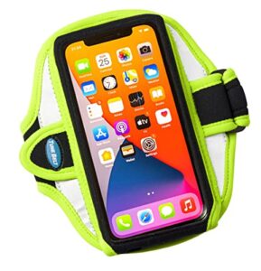 tune belt ab91ry cell phone armband holder case for iphone 11/12/13/14/15, 12/13/14/15 pro, 11 pro max, xs max, xr, galaxy s21/s22/s23 plus & more for running & working out (neon yellow reflective)