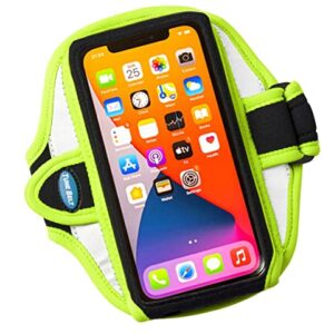 Tune Belt AB91RY Cell Phone Armband Holder Case for iPhone 11/12/13/14/15, 12/13/14/15 Pro, 11 Pro Max, XS Max, XR, Galaxy S21/S22/S23 Plus & More for Running & Working Out (Neon Yellow Reflective)