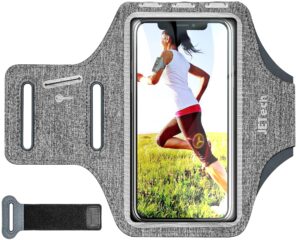 jetech phone armband holder with key holder and card slot for phone upto 6.2 inch, iphone 14 pro/14/13 pro/13/12/11/xr/xs/x/8, galaxy s23/s22, pixel 7a/6a, water resistant, adjustable band, grey