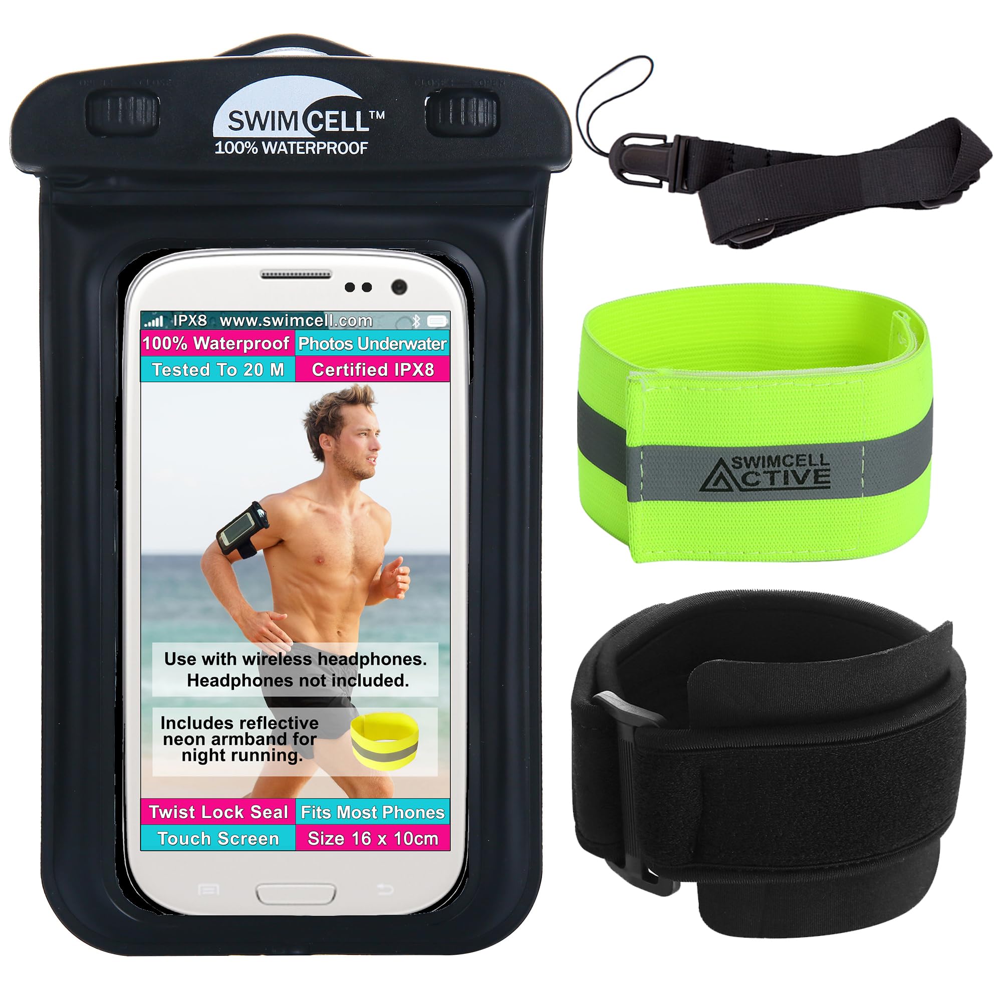 Waterproof Phone Holder Armband Case for Swimming Running Walking. Fits All Standard Size Phones up to 6.3inches- iPhone 11, 13 Pro Samsung Galaxy S. Android. Bonus Hi-Vis Armband and Neck Lanyard.