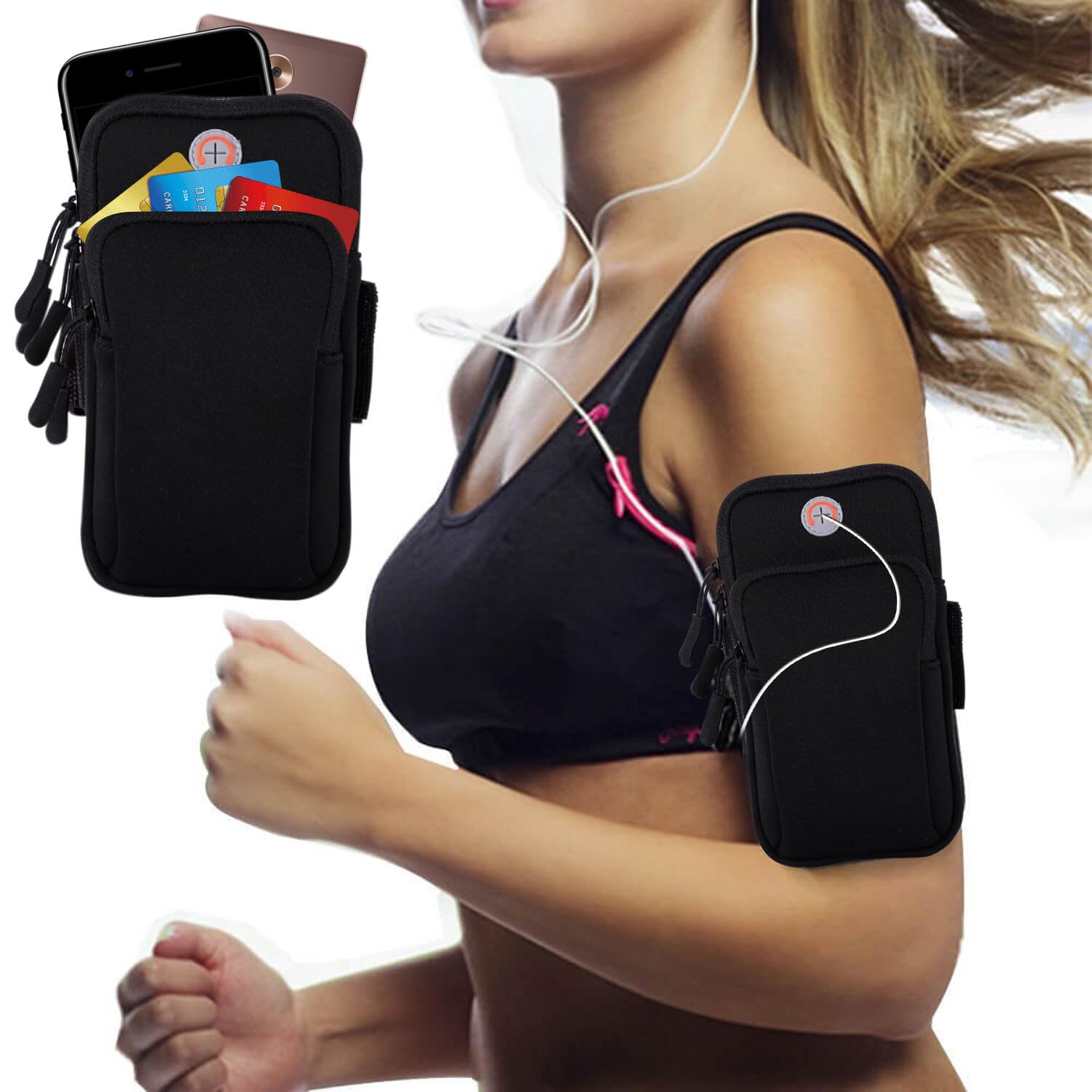 Sports Arm Bag, Water Bottle Pouch Universal Unisex Armbands Exercise Workout Running Gym Armbands Phone Holder Case with Earphone Hole for iPhone, Samsung Galaxy and LG (Black)