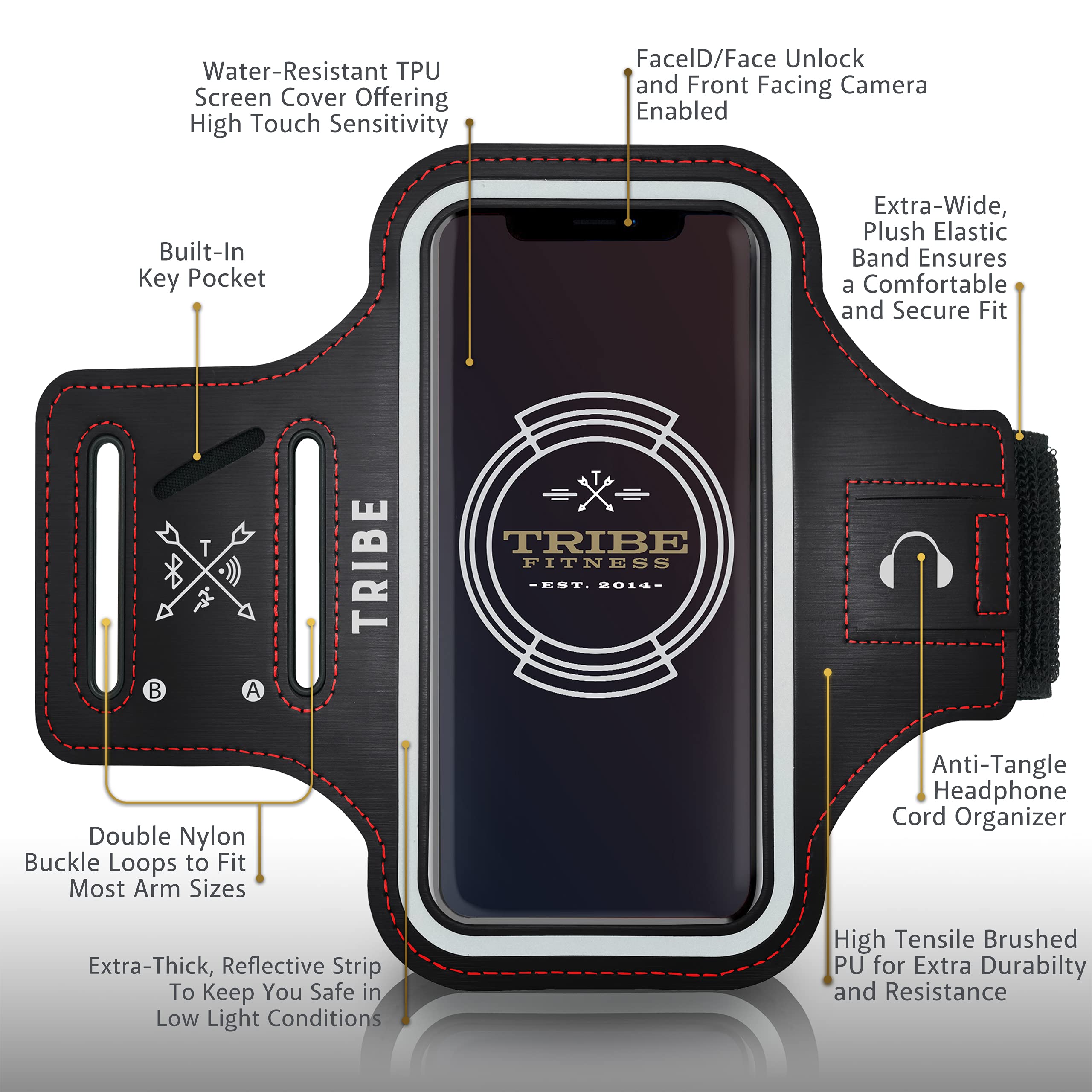 TRIBE Water Resistant Cell Phone Armband Case Running Holder for iPhone Pro Max Plus Mini SE (13/12/11/X/XS/XR/8/7/6/5) Galaxy S Ultra Plus Edge Note (21/20/10/9/8/7/6/5) Adjustable Strap & Key Pocket