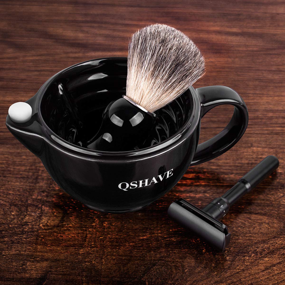 QSHAVE Shaving Scuttle Mug - Keep Lather Always Warm Large Deep Size Bowl Handmade Pottery Cup (Black)