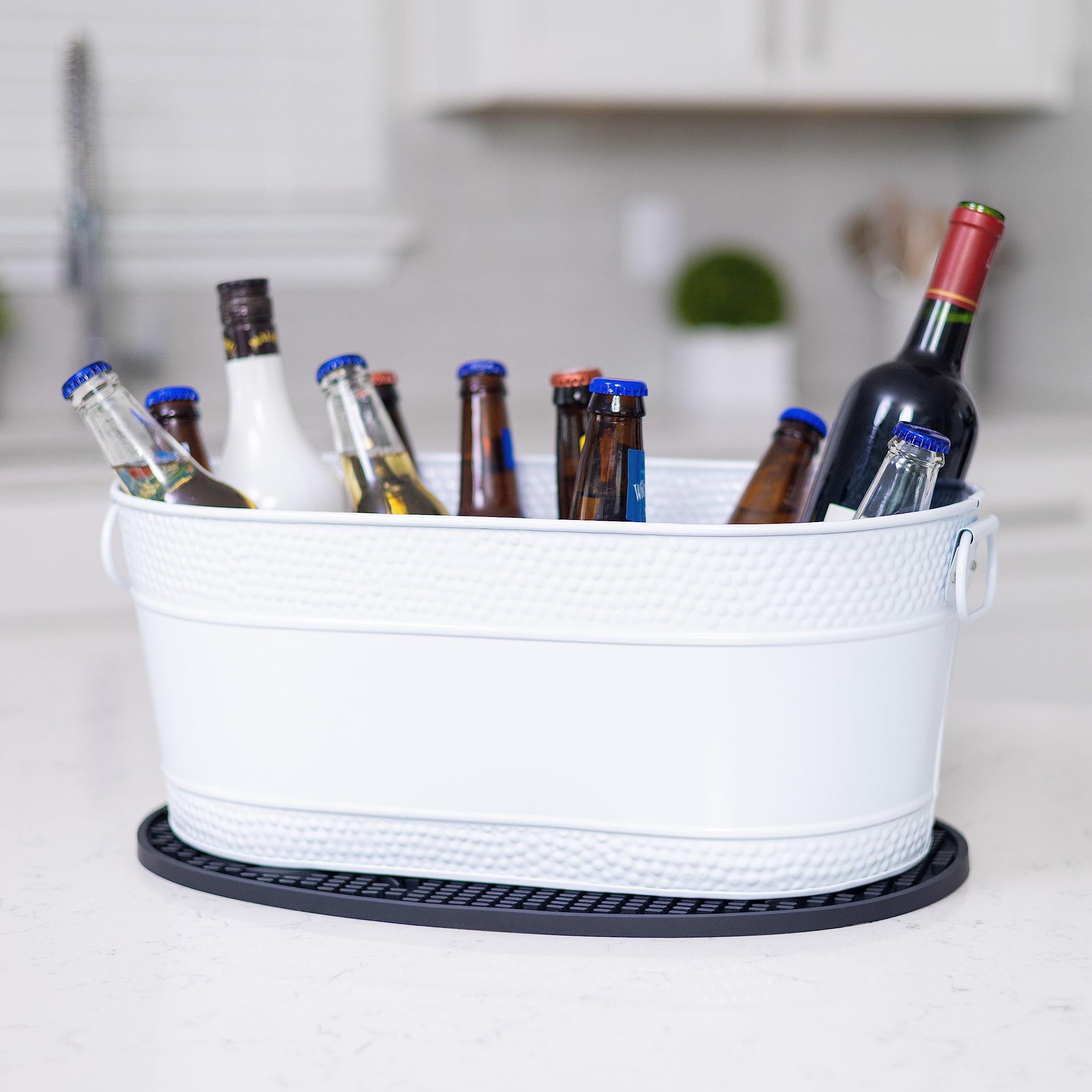 BREKX Galvanized Drinks Tubs with Insulated Bar Mats (Set of 2 tubs + 2 Bar Mats) - Wine and Beer Drip-Proof Party Tubs