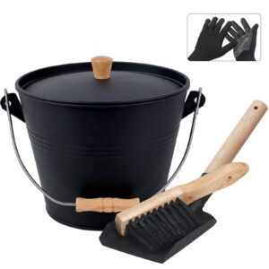 poofzy ash bucket with lid, 1.3 gallon ash bucket for fireplace, metal fireplace bucket for ashes includes shovel, hand broom and gloves for wood burning stove, fire pit and grill