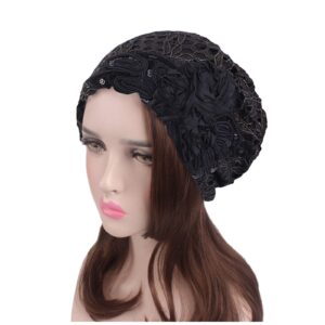 thermal hat women's ethnic sequined flower style lace baseball caps pro visor winter hat (black, one size)