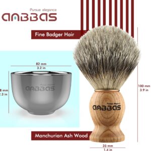 Shaving Set, 3in1 Pure Badger Hair Shaving Brush Natural Solid Wood Handle and Stainless Steel Shaving Stand with Shaving Bowl Dia 3.2 inches for Men Wet Shaving by Anbbas