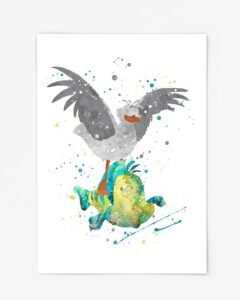 scuttle and flounder print, watercolor, nursery wall poster, holiday gift, kids and children artworks, digital illustration art