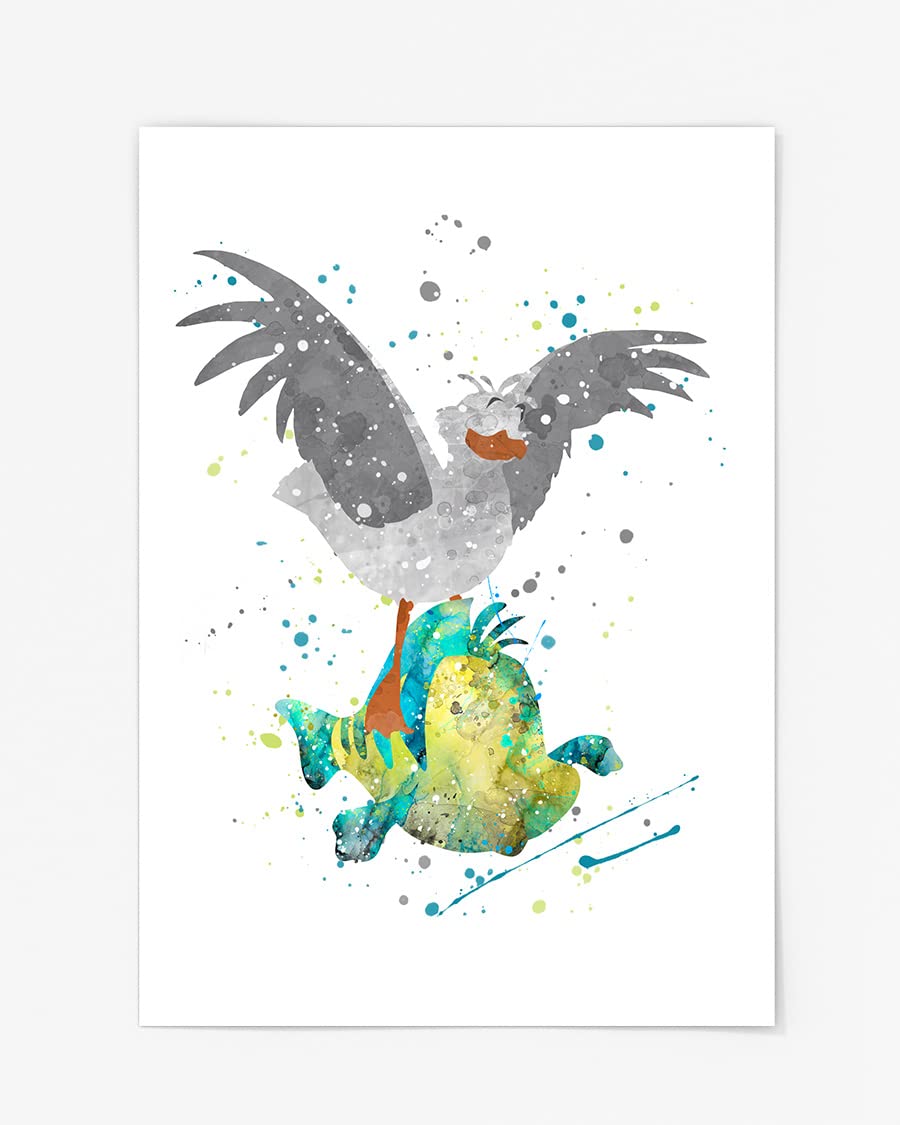 Scuttle and Flounder Print, Watercolor, Nursery Wall Poster, Holiday Gift, Kids and Children Artworks, Digital Illustration Art