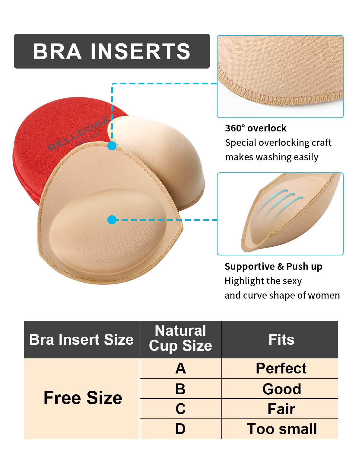 RELLECIGA Women's Push Up Bra Inserts Breast Enhancer Cups Removable Sport Bra Cups Inserts Nude