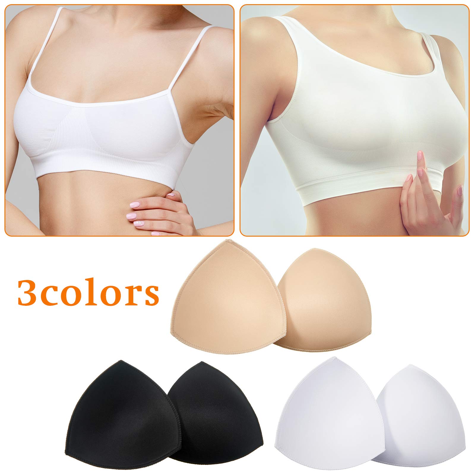 Geyoga 12 Pairs Women Triangle Bra Insert Removable Bra Inserts for Sports Bra Pads Inserts for Women Girls Cup Bra Replacement Pad Summer (White, Nude Color, Black)