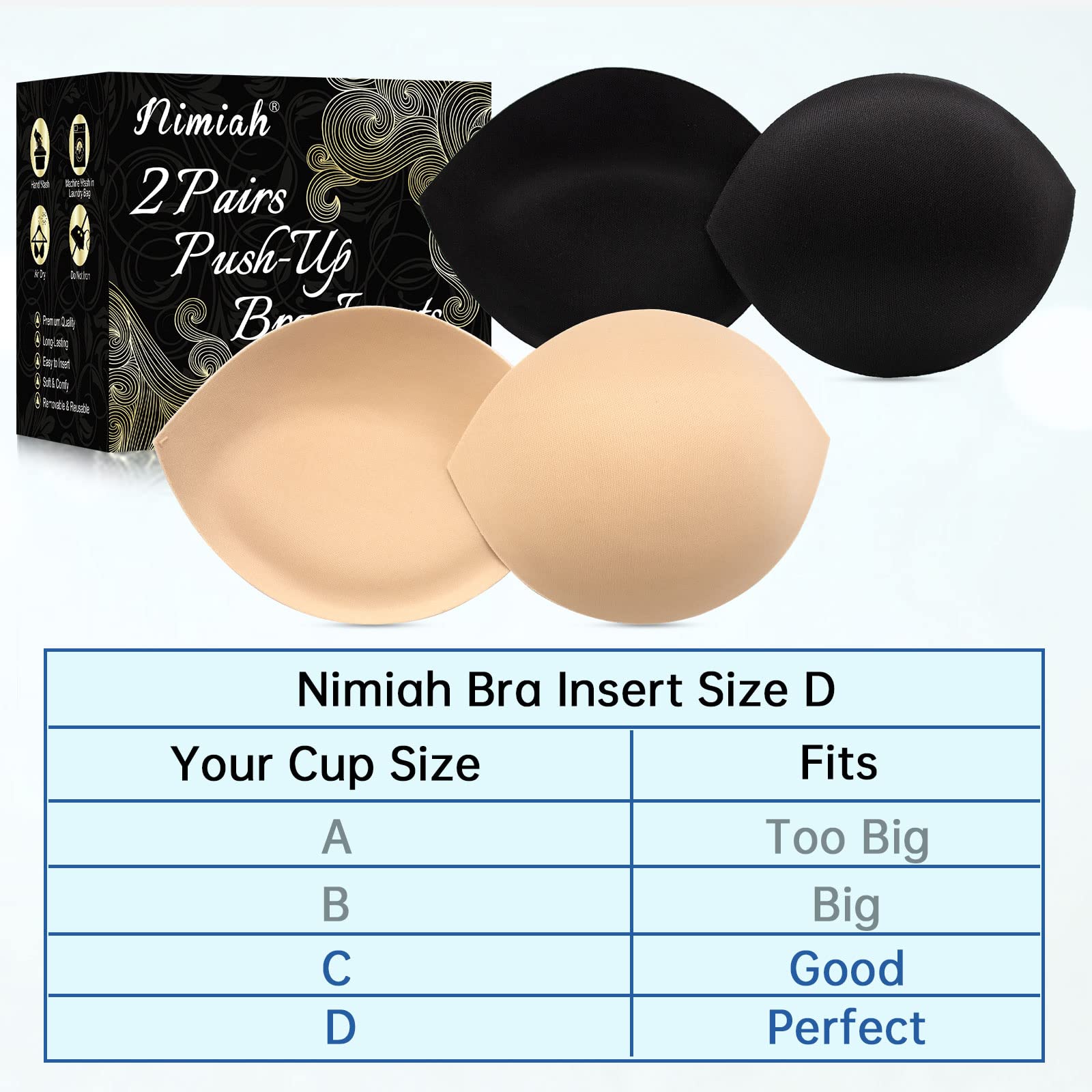 Bra Pads Inserts Breast Enhancers - 2 Pairs Push up Swimsuit Pads to Add 1-2 Cups Size | Removable Bra Insert & Comfy Padding for AB Cup Size