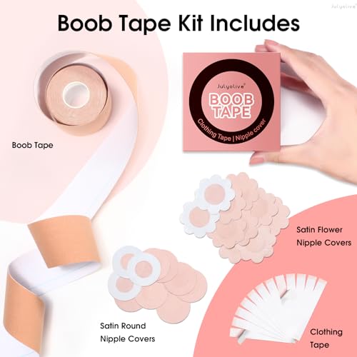 Julyolive Boob Tape Kit- Boobytape for Breast Lift with Petals, Breathable Adhesive Sticky Bra Tape, Push Up Nipple Tape Beige