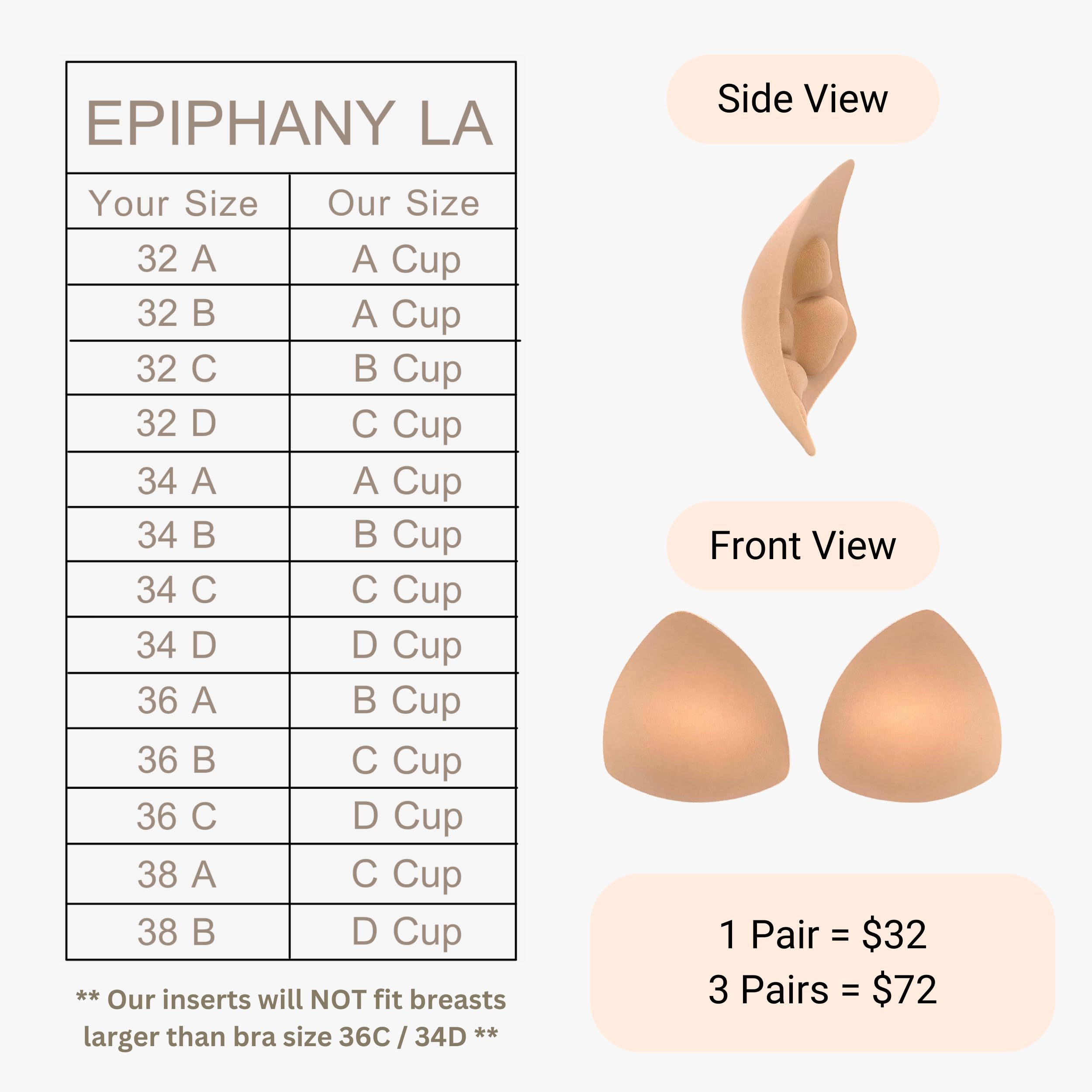 Epiphany LA Women's Push Up Padding Inserts for Swimsuits, Sports Bras and Clothing (C Cup - 1 Pair) Beige