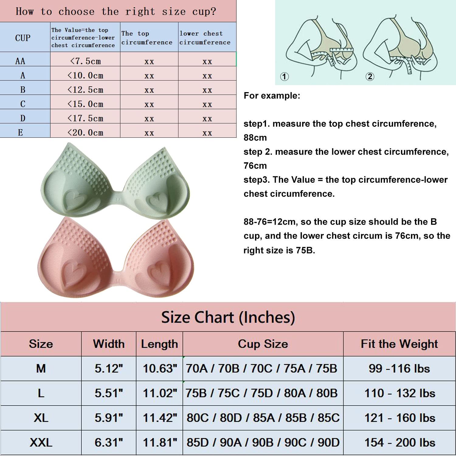 3D Cups for Bras for Women One Piece Seamless Sports Bra Pads Insert Pushup Bra Pads Removable Bra Cups for Replacement, 2 Pack/Pink+Green