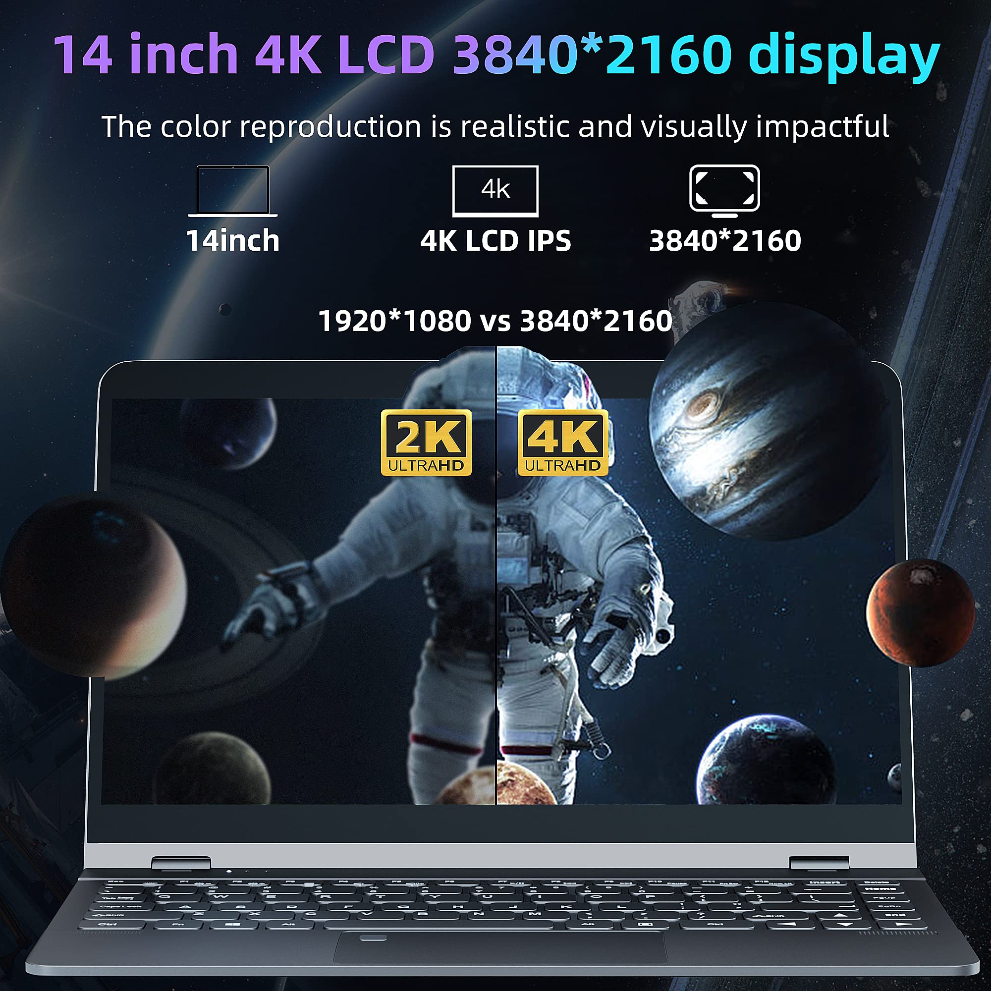 ZWYING laptop【MS 2019 office & Win 11 Pro】 14 inch 4K （3840 * 2160） All Metal 2 in 1 360° Convertible Laptop with Touchscreen 12th Alder Lake-N95 (up to3.4GHz) DDR5 12GB/512GB SSD Tablet Notebook PC