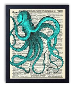 blue octopus (#2), vintage dictionary art print, antique wall art home decor, modern boho poster, farmhouse decoration living room bedroom office 8x10 inches, ready to frame