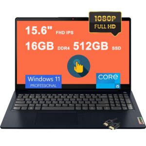 lenovo ideapad 3 business laptop | 15.6" fhd ips touch | 11th gen intel 4-core i5-1155g7 >i7-10710u | 16gb ddr4 512gb ssd | intel iris xe graphic usb-c privacy webcam win11pro blue + hdmi cable