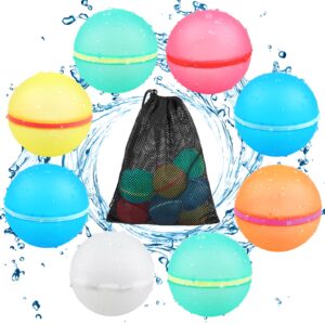 reusable water balloons refillable water bomb, soft silicone water balls with mesh bag, quick fill & self-sealing water balloons for water fight games, outdoor water toys for kids adults,8pcs