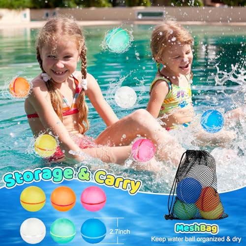 WHDPETS Reusable Water Balloons for Kids Water Bombs Splash Balls for Pool, Refillable Quick Fill Self Sealing for Water Fight Game, Water Park, Summer Party, 6 PCS