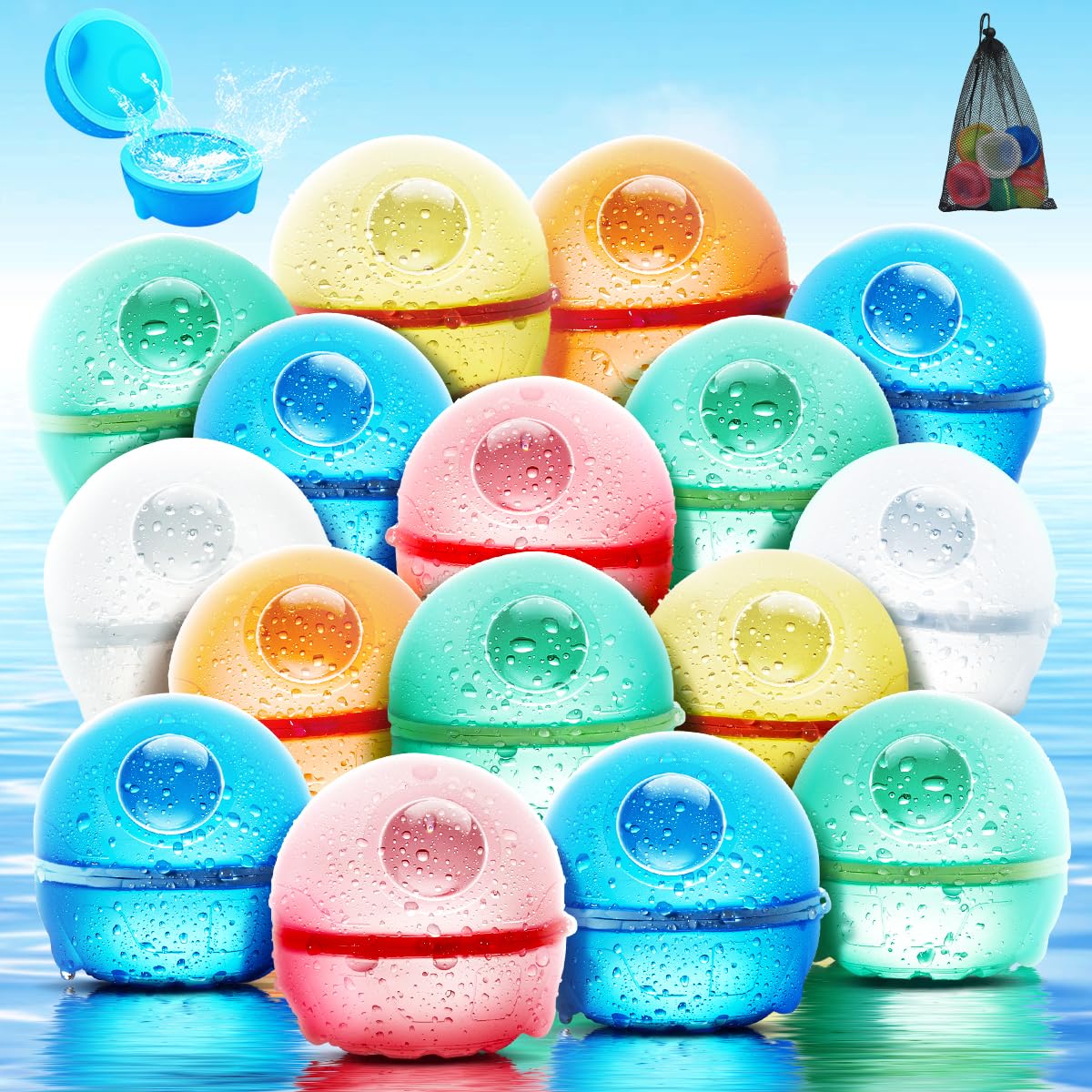 Hiliop 16PCS Reusable Water Balloons for Kids Adults, Silicone Refillable Water Balloons Self Sealing Water Balloons Quick Fill with Magnetic & Mesh Bag