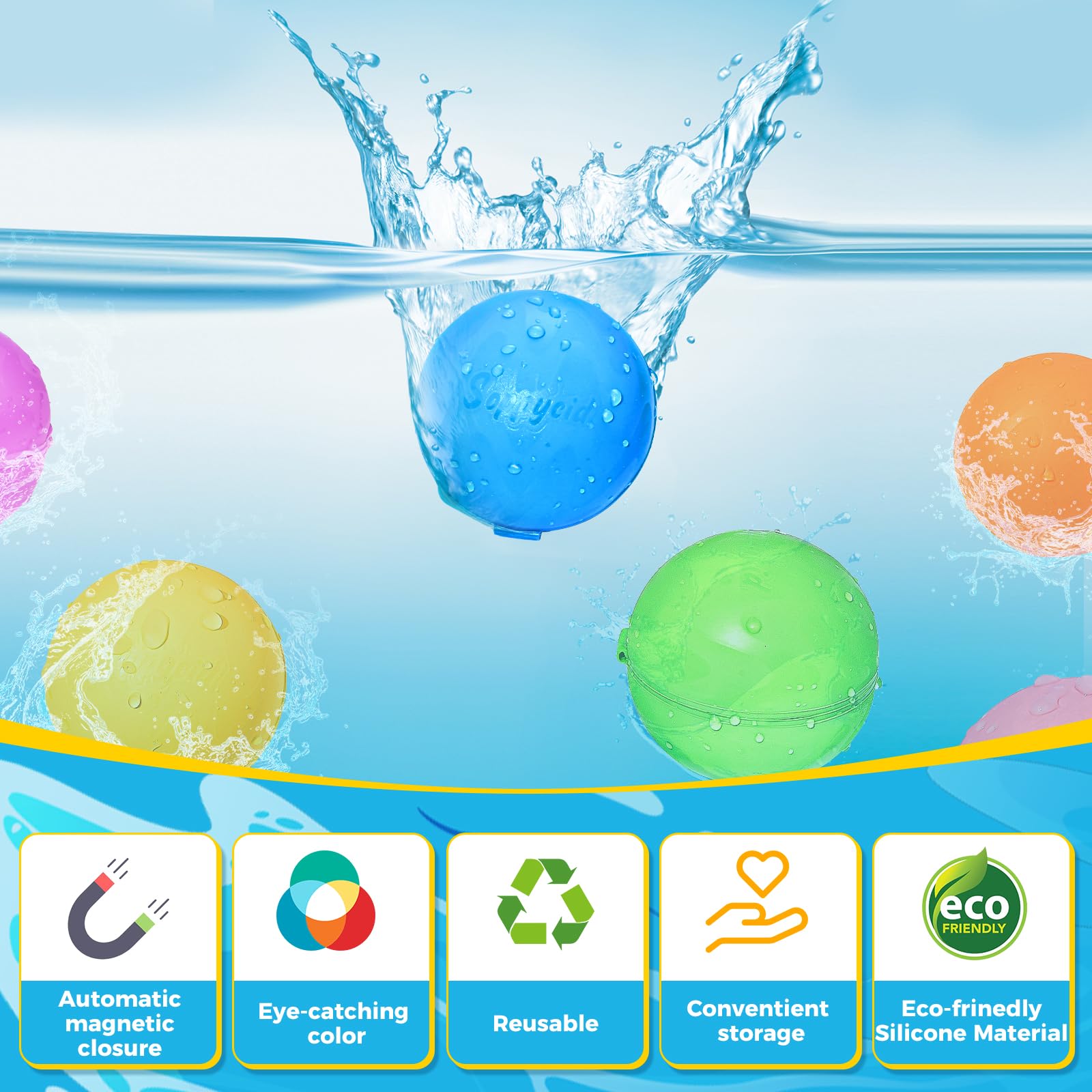 SOPPYCID 12PCS Reusable Water Balloons - Quick Fill Water Balls Toys For Toddler Age 4-8 - Refillable Magnetic Self-Sealing Water Splash Bomb For Summer Party Pool Outdoor Beach Toys for kids Age 8-12