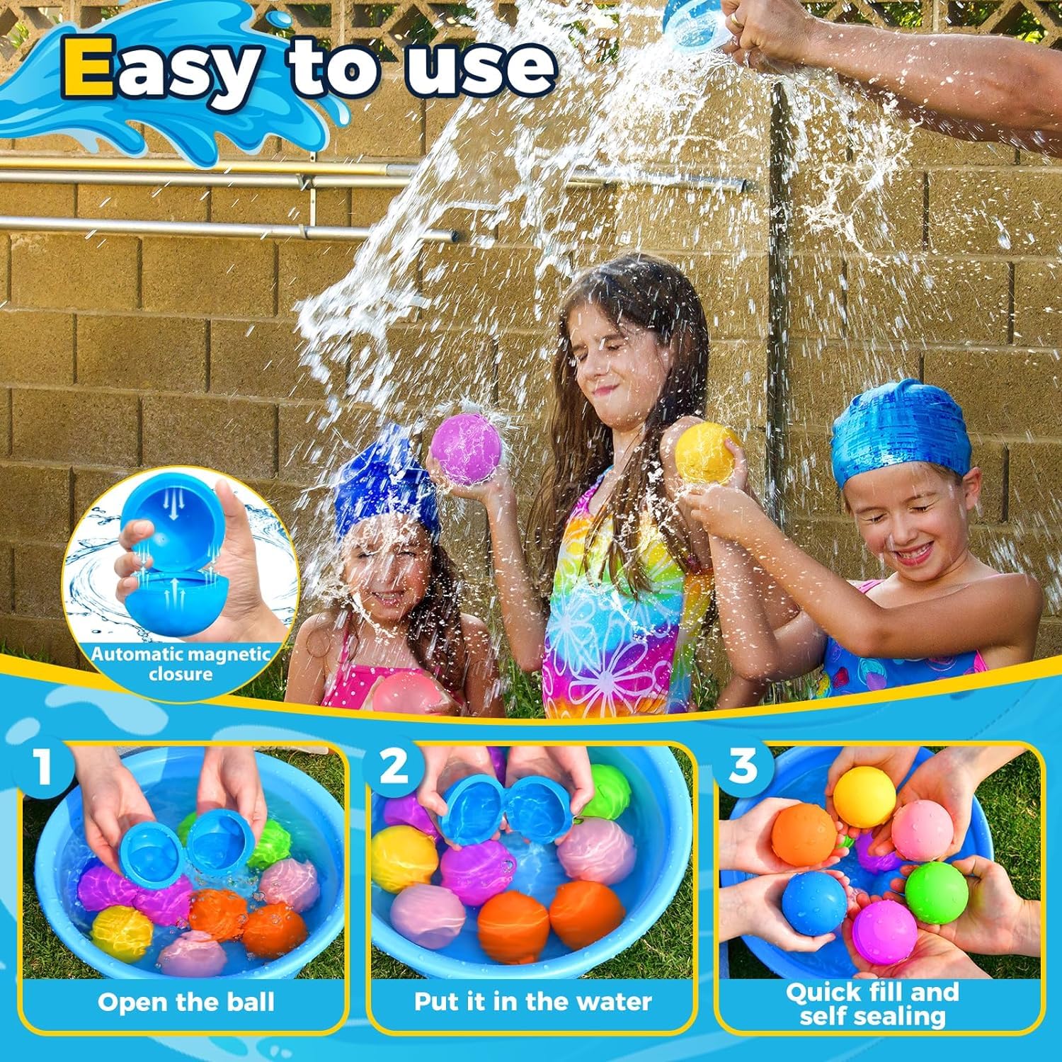 SOPPYCID 12PCS Reusable Water Balloons - Quick Fill Water Balls Toys For Toddler Age 4-8 - Refillable Magnetic Self-Sealing Water Splash Bomb For Summer Party Pool Outdoor Beach Toys for kids Age 8-12