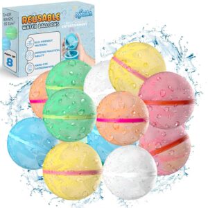 reusable water balloons for kids (8 pack) | refillable water balloons with mesh bag | reusable water balls | magnetic water balloons | latex-free silicone water balloon | poolsider reusable balloons