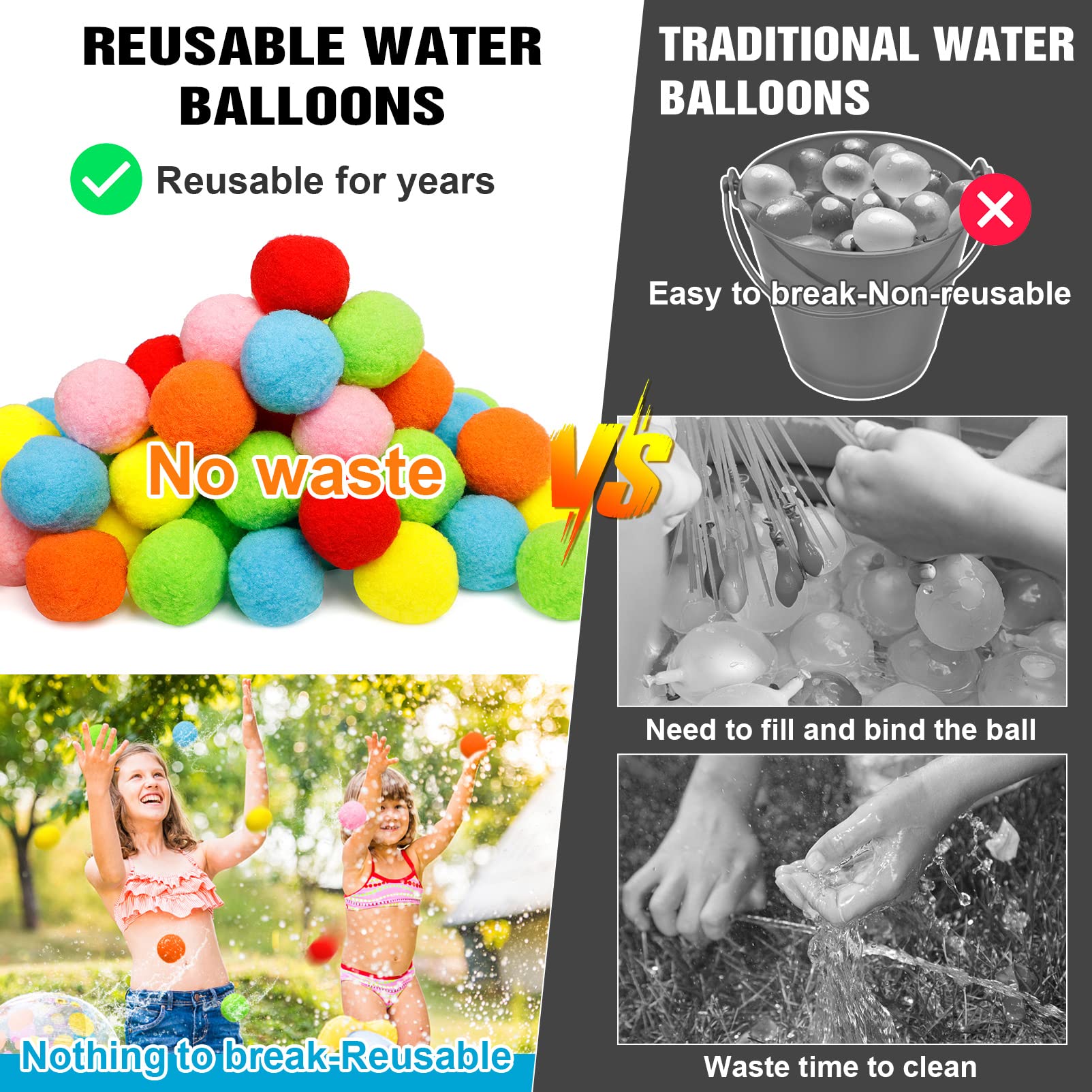 Korlon Tec 60 Pcs Reusable Water Balls, 2.5" Outdoor Water Toys Reusable Water Balloons for Kids, Summer Toys for Backyard Pool Trampoline Water Fun