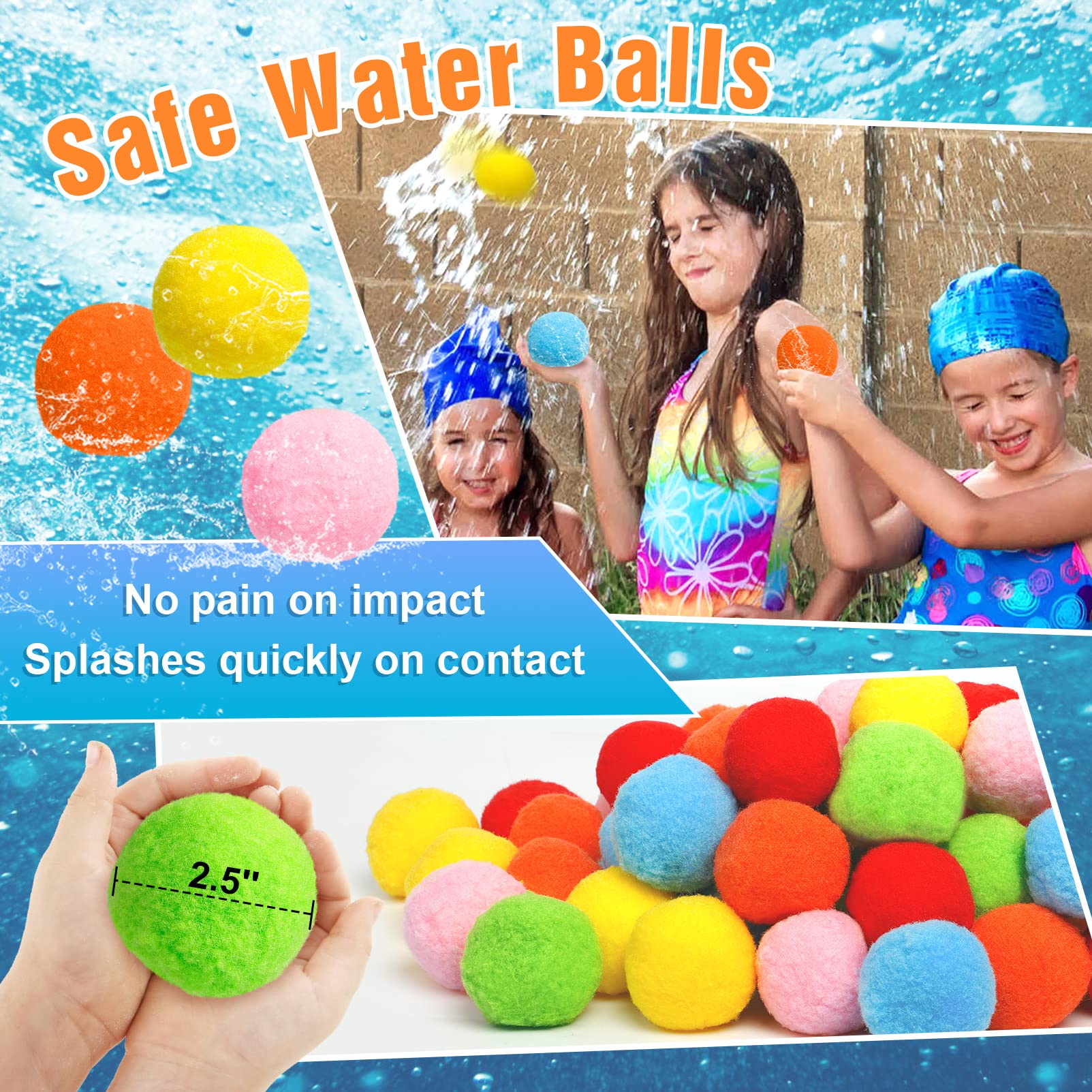 Korlon Tec 60 Pcs Reusable Water Balls, 2.5" Outdoor Water Toys Reusable Water Balloons for Kids, Summer Toys for Backyard Pool Trampoline Water Fun