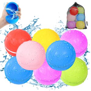 reusable water balloons, latex-free silicone water bomb summer fun outdoor toys, pool beach toys for kids adults, quick fill self-sealing water splash balls party supplies (8 pcs)