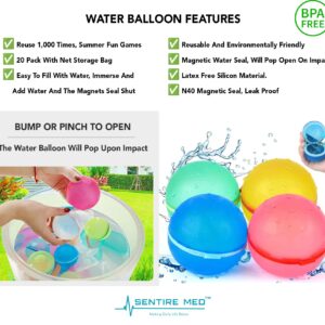 Water Balloon Balls, 20 pcs Reusable, No Latex, Splash Bomb with Net Mesh Bag, Magnetic Sealing Water Ball Bomb for Kids Adults Outdoor Activities Water Games Toy Summer Fun Party Supplies 20 pcs