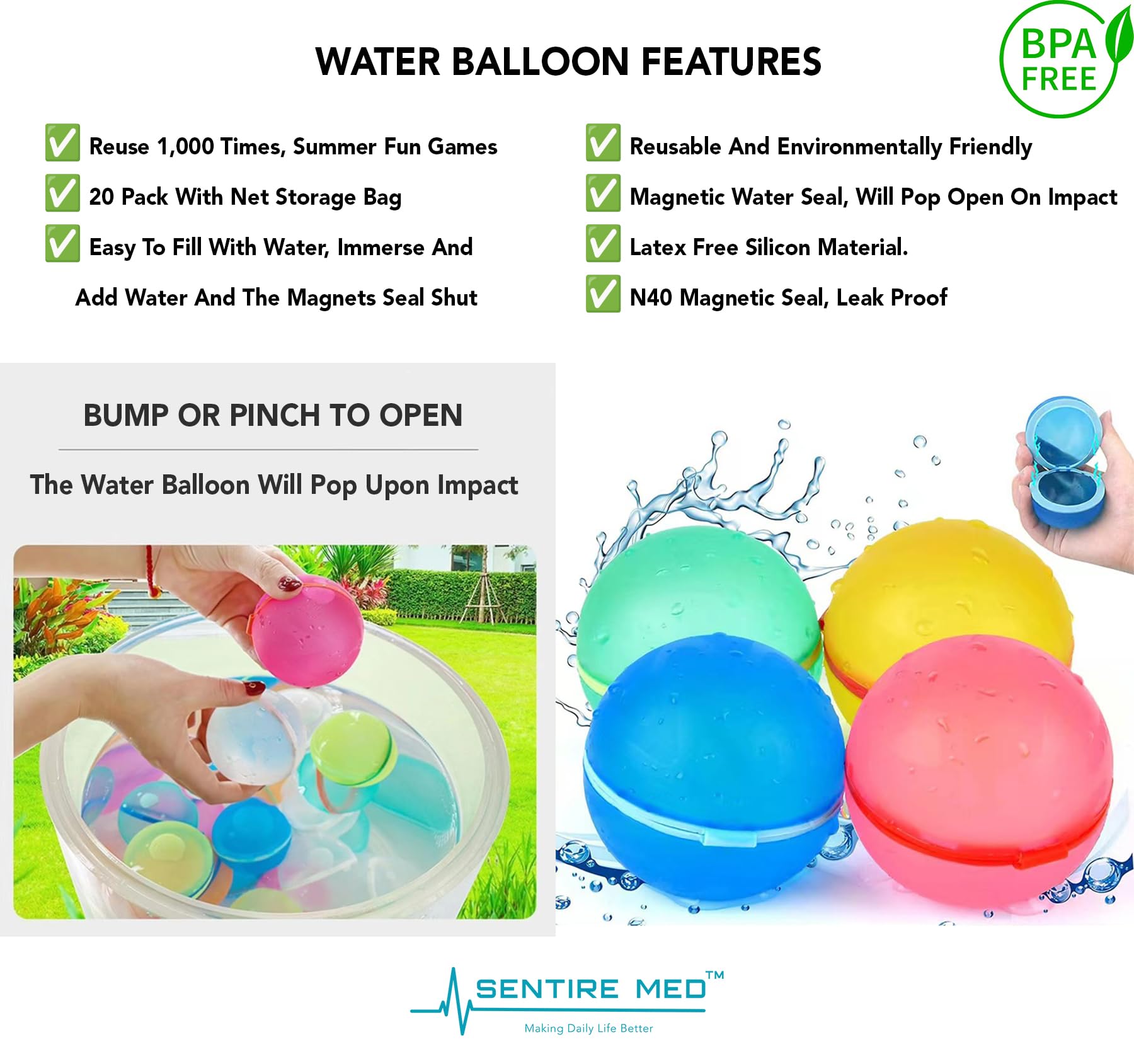 Water Balloon Balls, 20 pcs Reusable, No Latex, Splash Bomb with Net Mesh Bag, Magnetic Sealing Water Ball Bomb for Kids Adults Outdoor Activities Water Games Toy Summer Fun Party Supplies 20 pcs