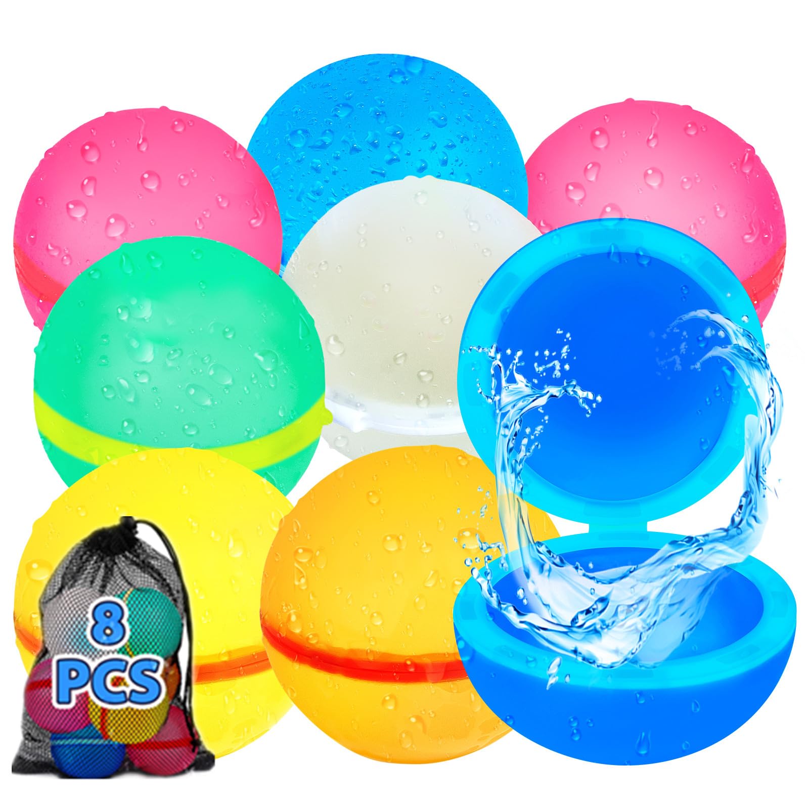 Reusable Water Ballons for Kids Magnetic, 8 Pcs Refillable Water Balloons Silicone Water Bomb Balls for Kids Adults Outdoor Activities Swimming Pool Party Supplies