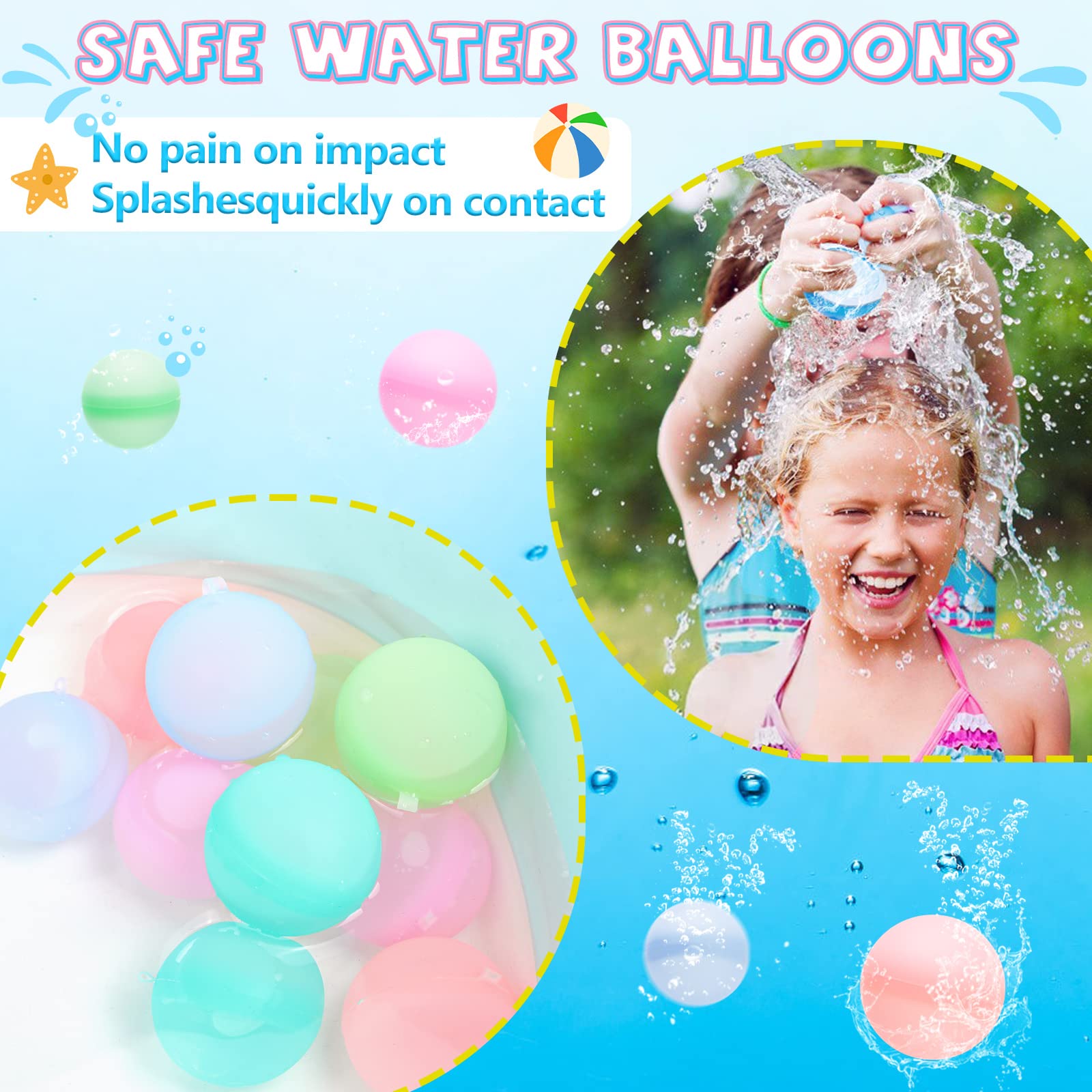 Subao Reusable Water Balloons(16 PCS), Summer Water Balls Outdoor Pool Toys, Self-Sealing Water Bomb for Kids Adults, Quick Refillable Silicone Water Ball, Fun Splash Water Balloon Party Supplies