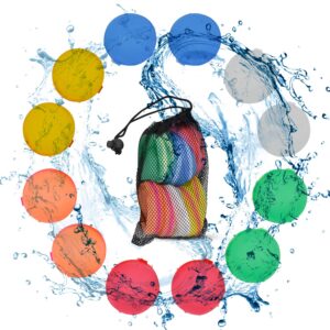 12 pack reusable water balloons, silicone (latex-free), quick refill, self-sealing, in mesh bag (pool party, beach party, summer games)