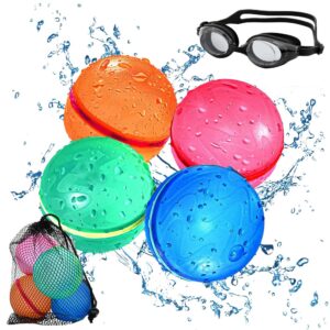 4 pack reusable water balloons for kids, adults with goggles, mesh bag | magnetic refillable water balloons | self-sealing water bombs summer fun toys, silicone water balloon quick fill summer games