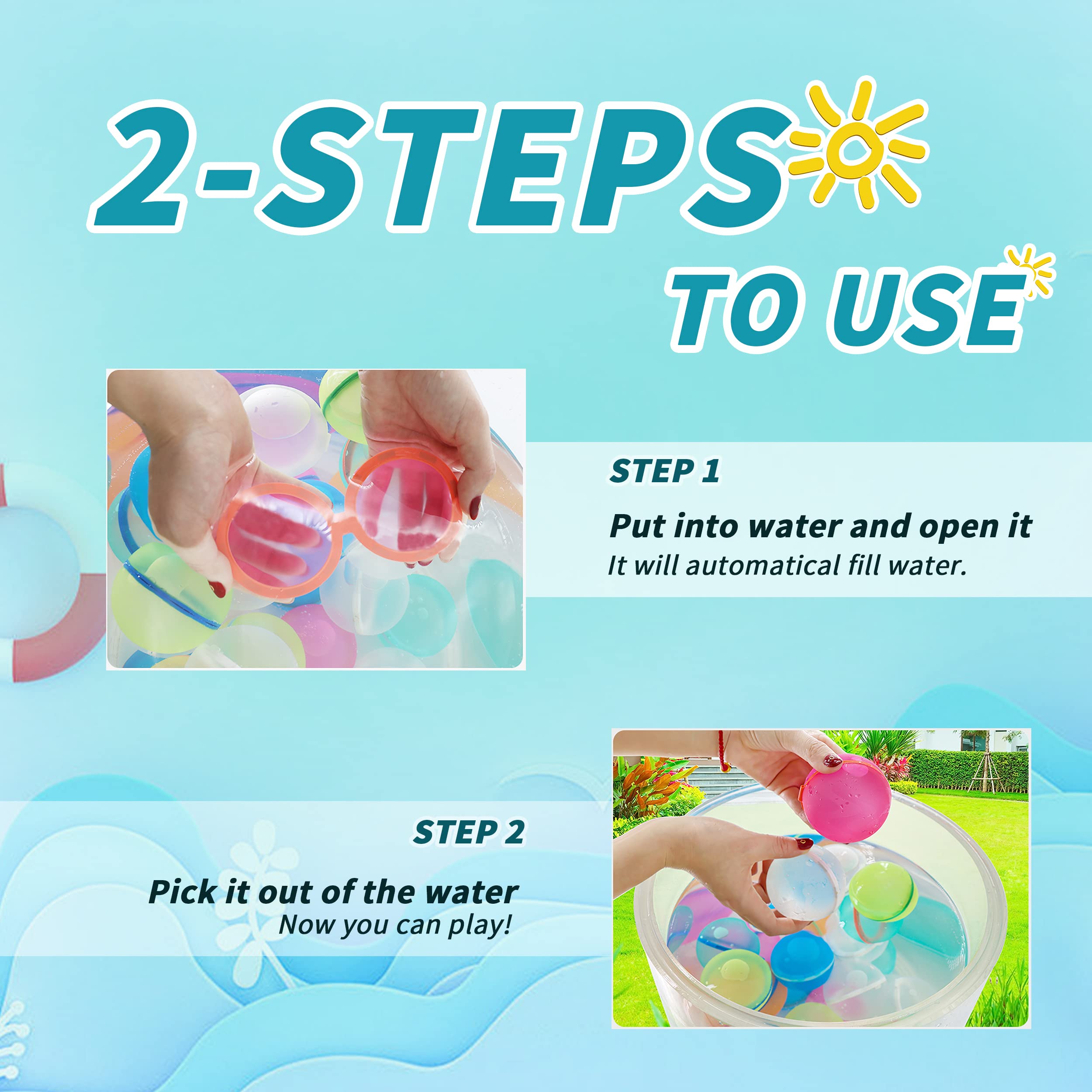 Reusable Water Balloons Quick Fill Self Sealing, Refillable Water Balls for Kids Aldult, Water Bomb Splash Balls for Pool, Outdoor Water Toys Balloons for Water Fight Game, Summer Fun Party, 6 Pack